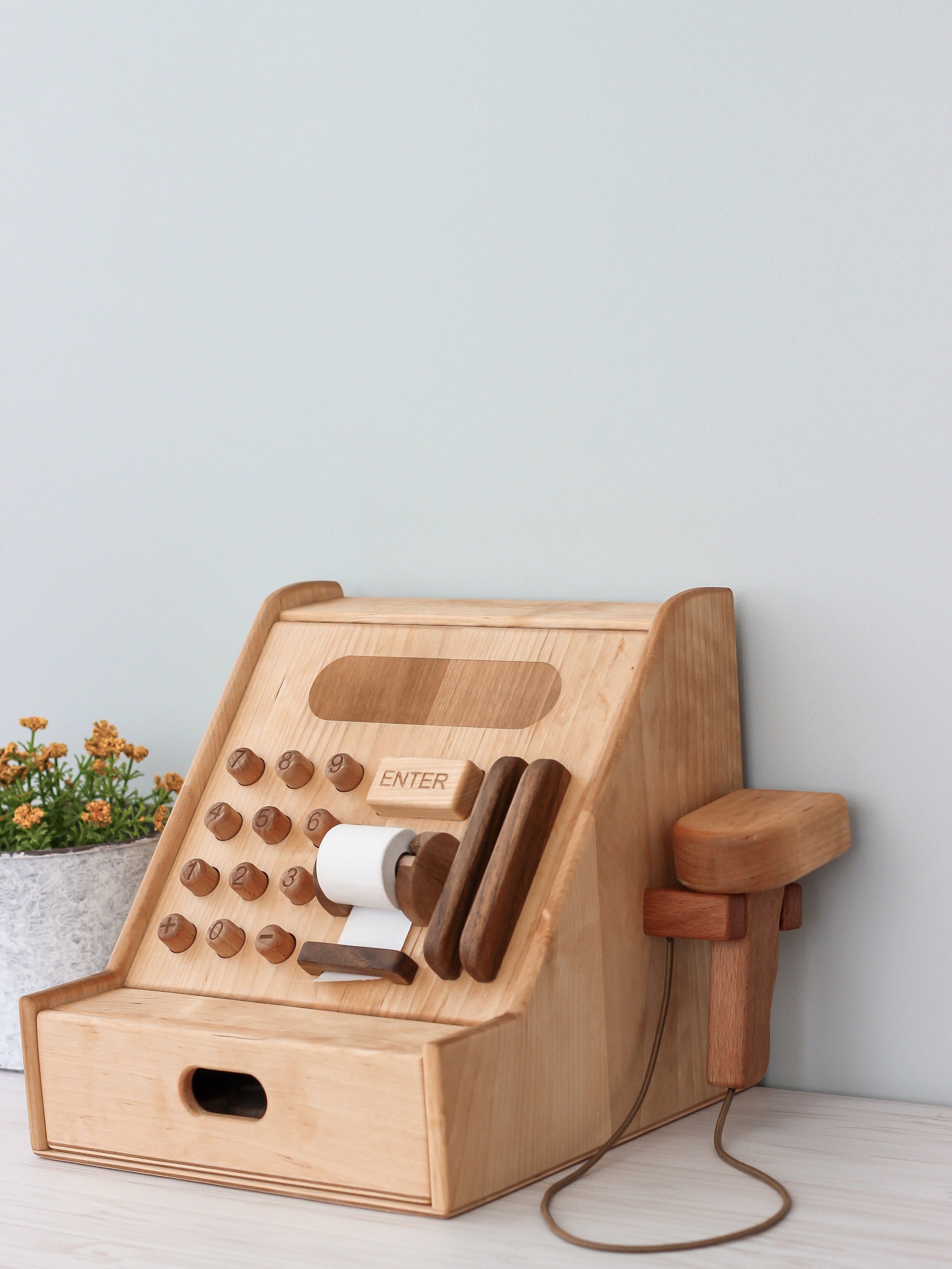 Wooden Cash Register for 2 3 Year Old - Vintage Pretend Play for Kids ...
