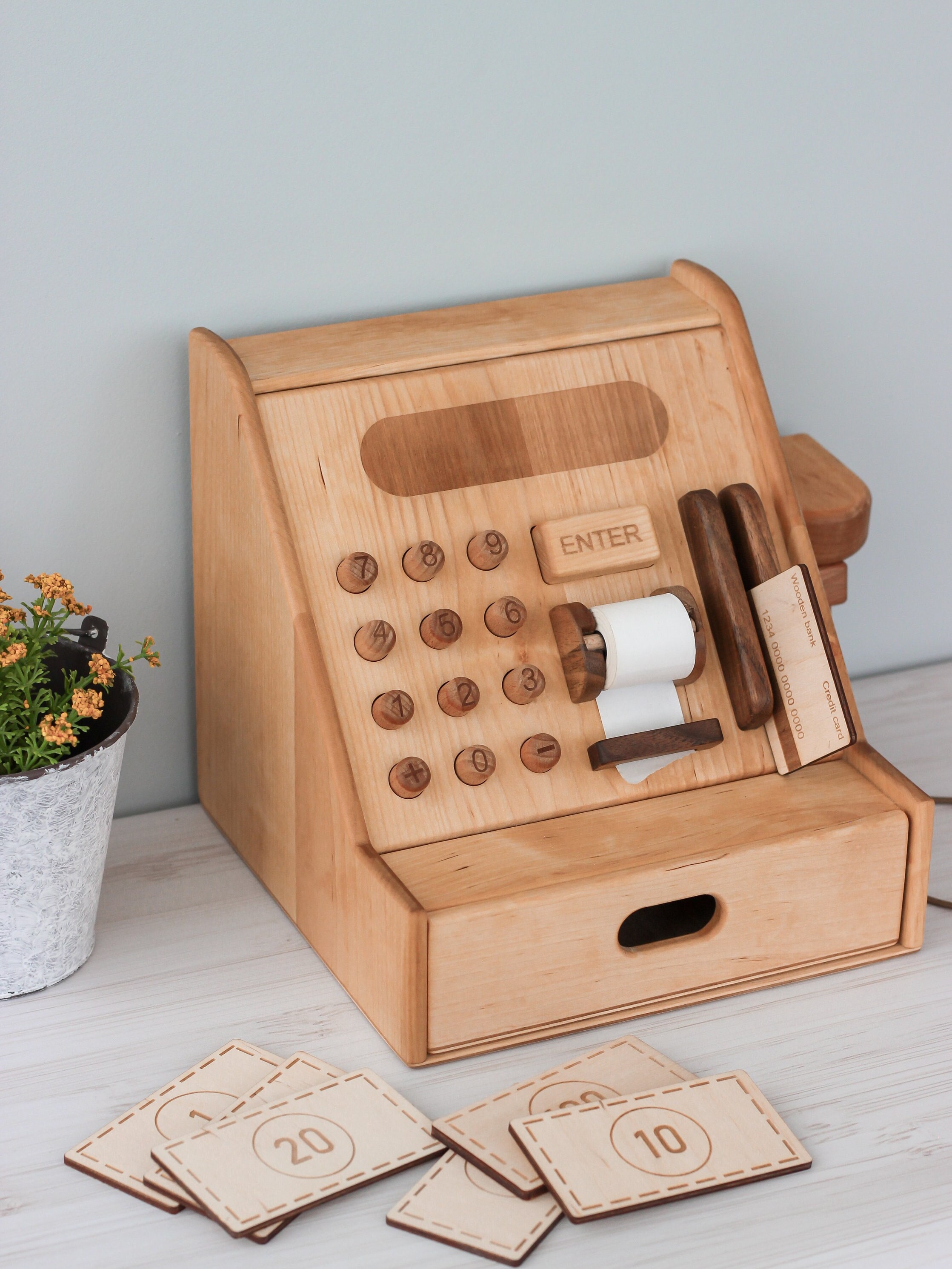 Wooden Cash Register for 2 3 Year Old - Vintage Pretend Play for Kids ...