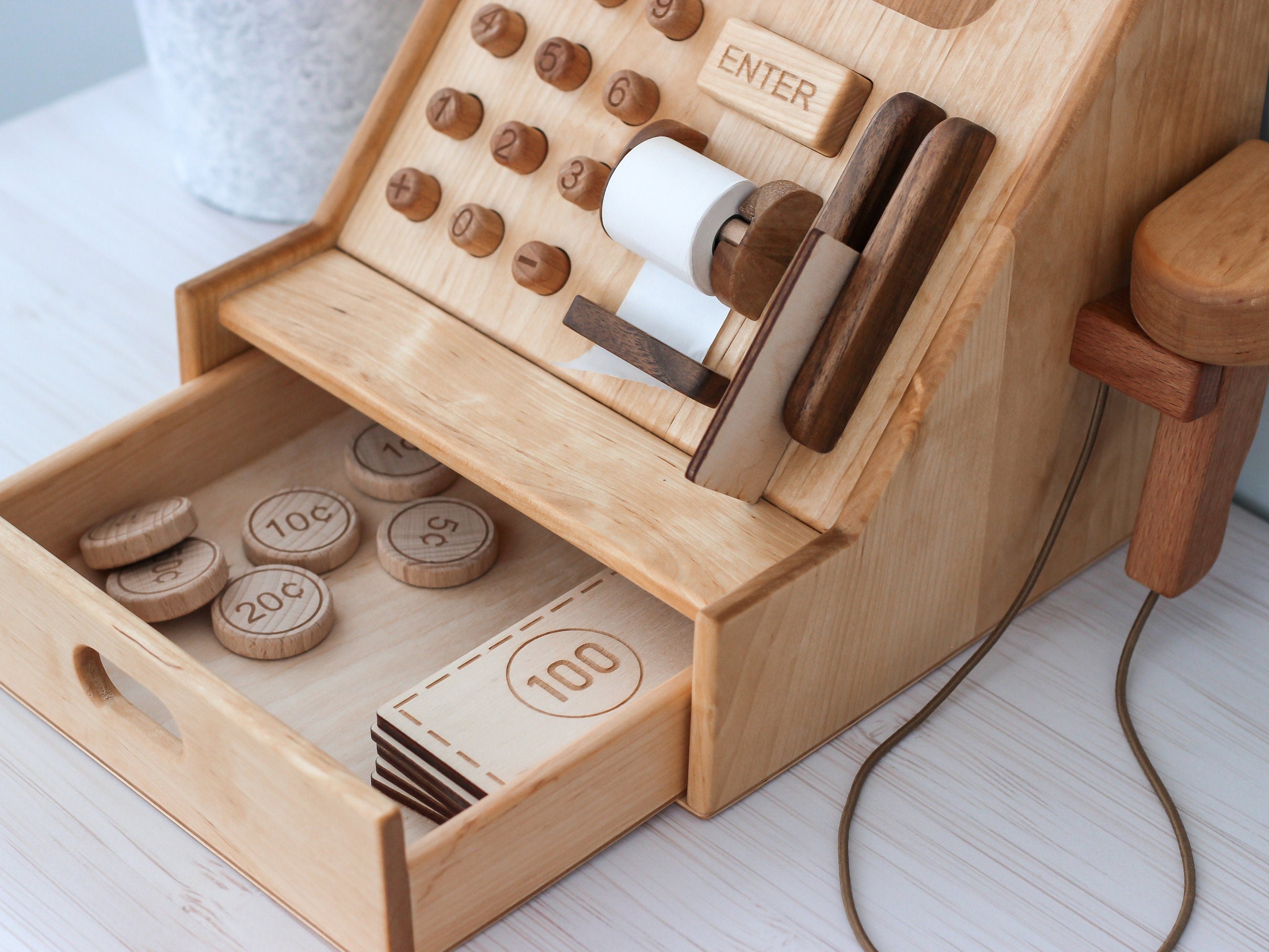Wooden Cash Register for 2 3 Year Old - Vintage Pretend Play for Kids ...