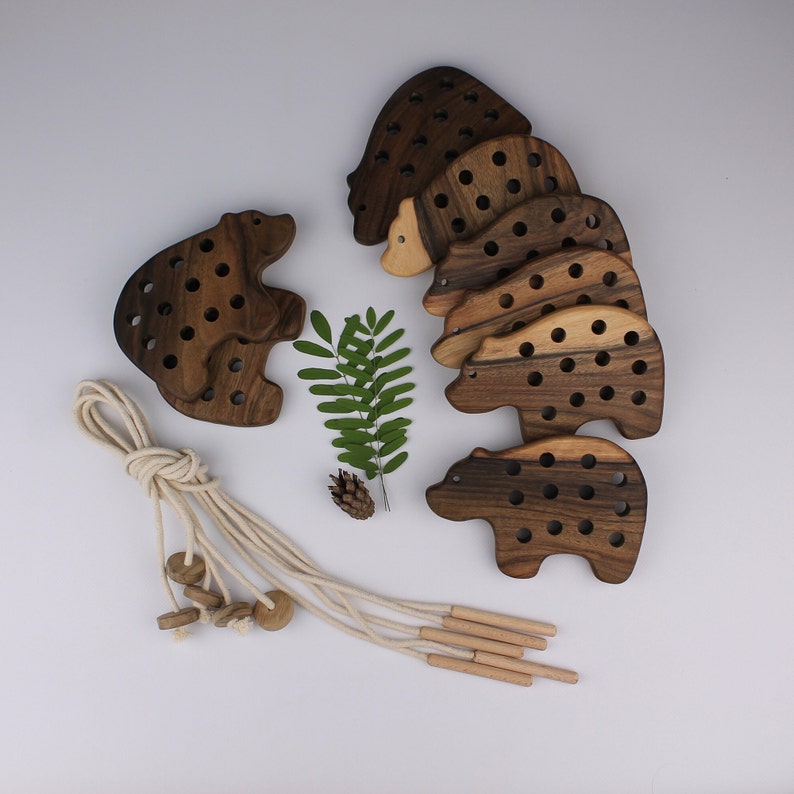 Wooden Lacing Bear Toy, Montessori Learning Toys for Toddler Activity ...