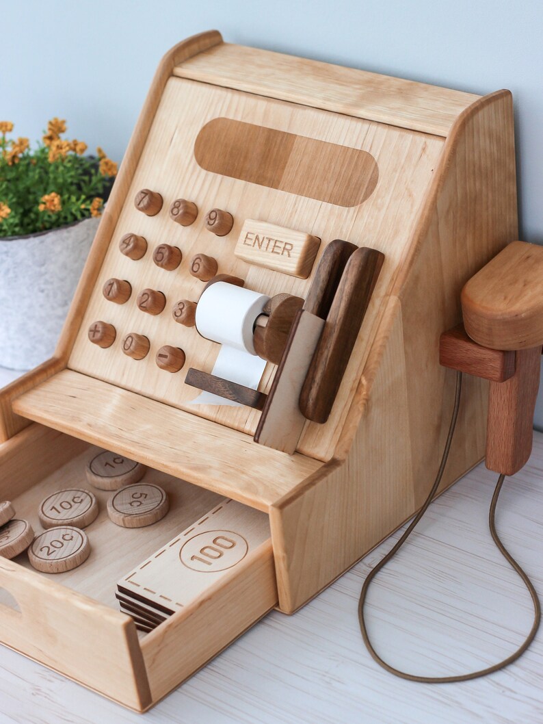 Wooden Cash Register for 2 3 Year Old - Vintage Pretend Play for Kids ...