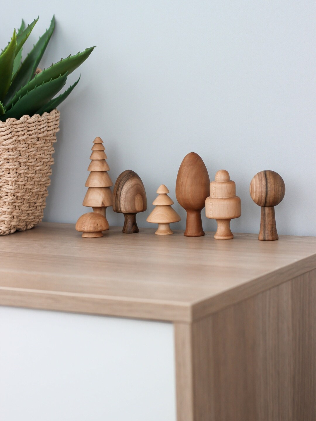 Set of 7 Wooden Trees Toy for Toddler, Wooden Forest Pretend Play ...