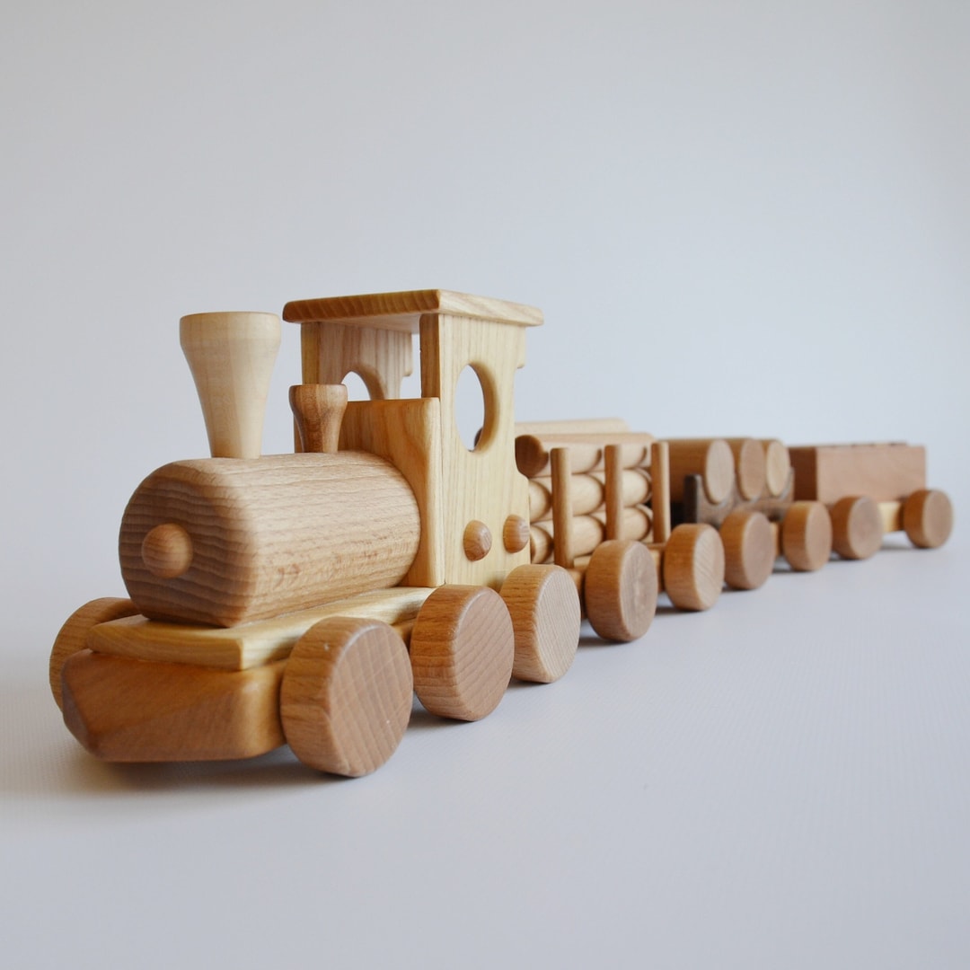 Wooden Train Set Toy on Wheels With Carriages for Toddler Locomotive ...