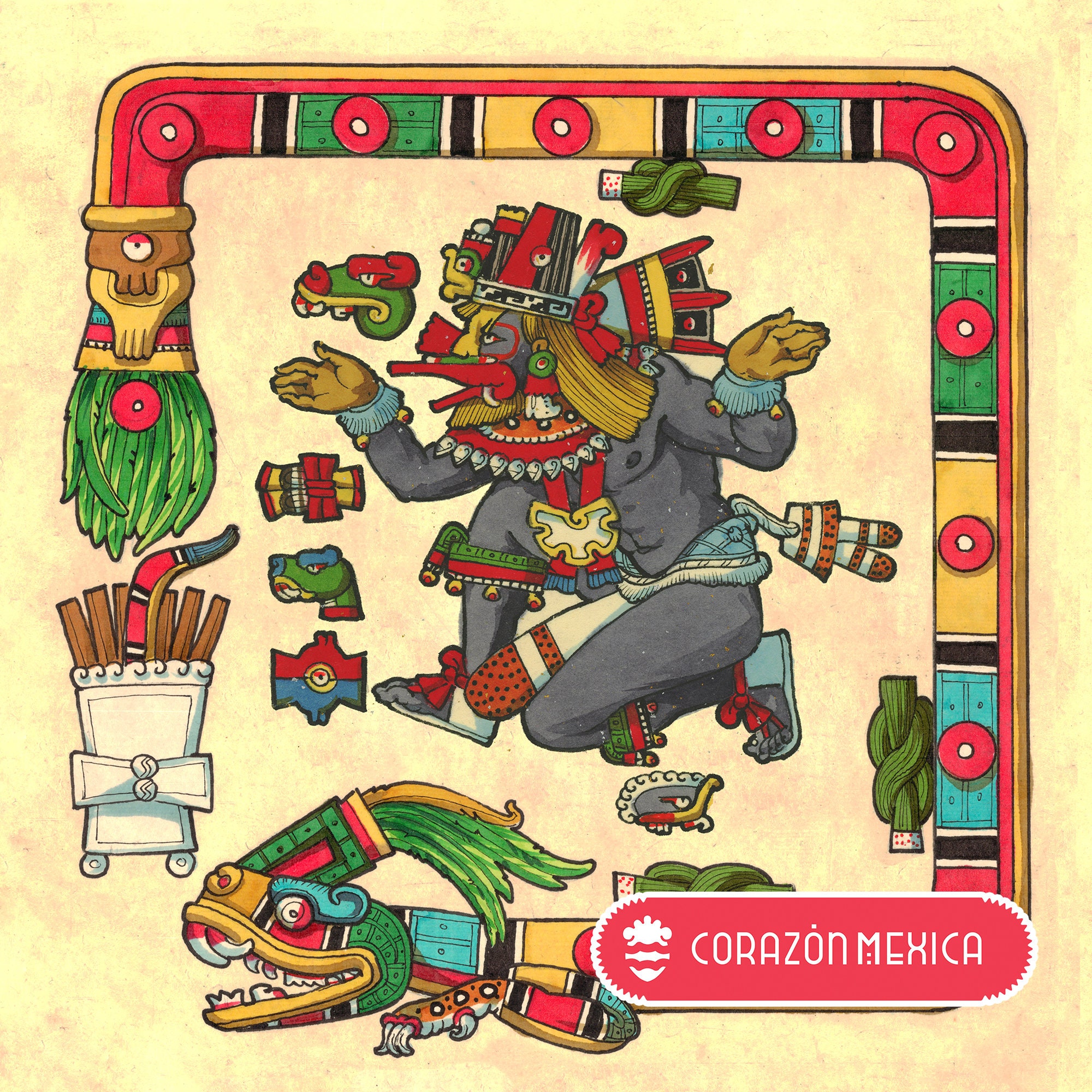 Nahui Tezcatlipoca Quetzalcoatl Mexican Aztec Art - Etsy UK