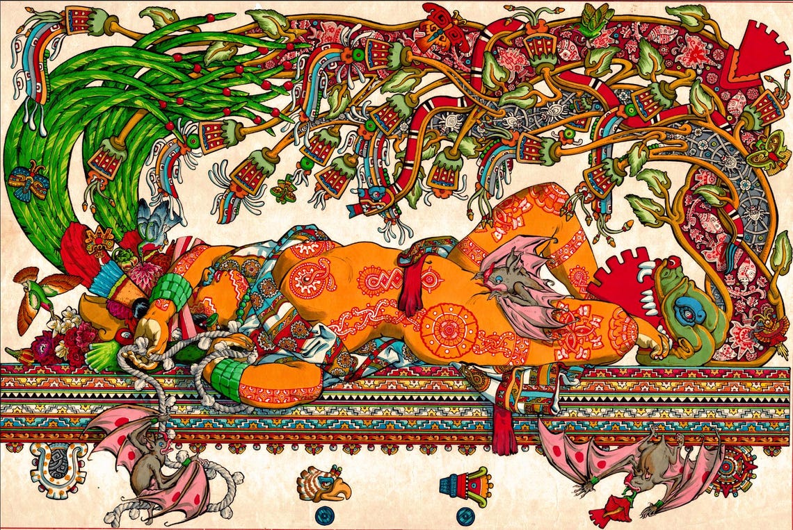 Xochiquetzal and the Bat, Aztec Mexica Myth, Art, Bat, Nahuatl ...
