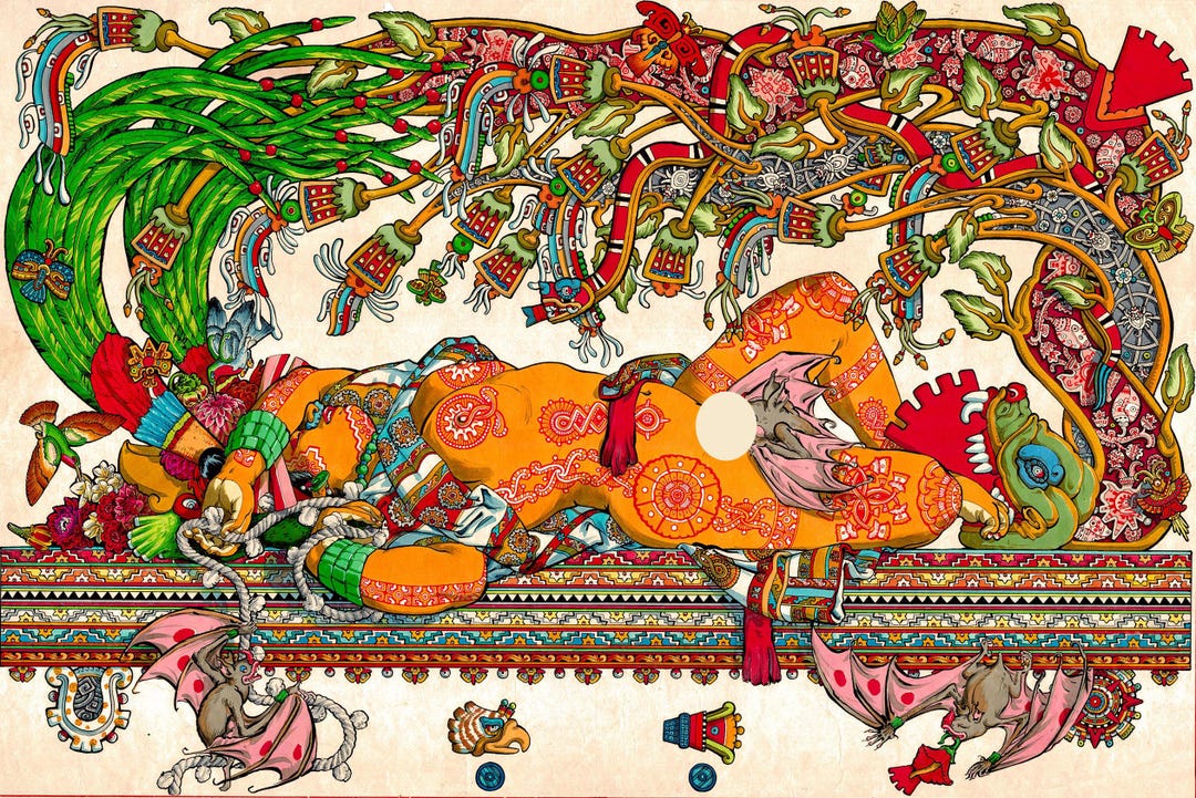 Xochiquetzal and the Bat, Aztec Mexica Myth, Art, Bat, Nahuatl ...