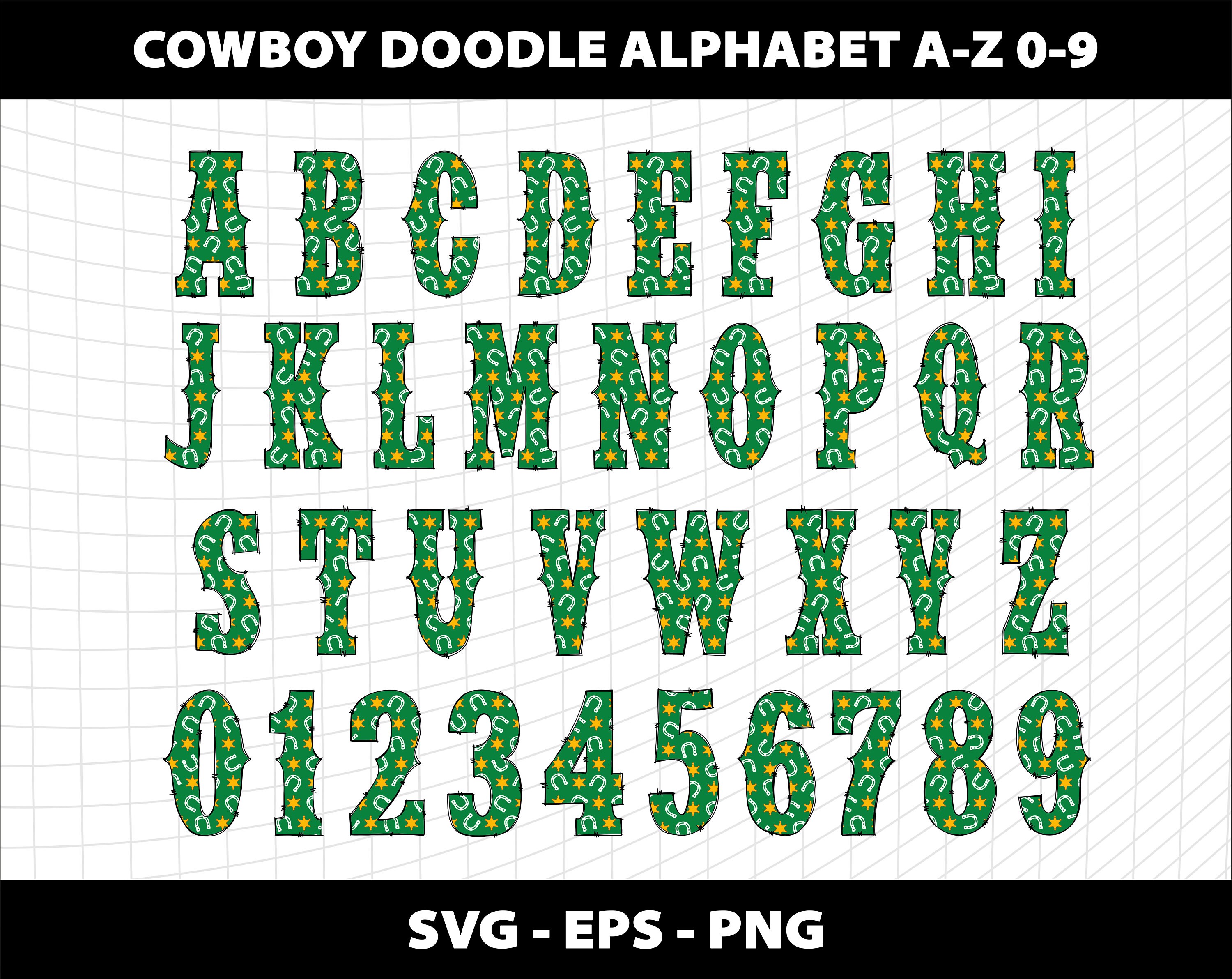 Cowboy Doodle Alphabet Western Alphabet Letters Font Svg Bundle Cowboy ...