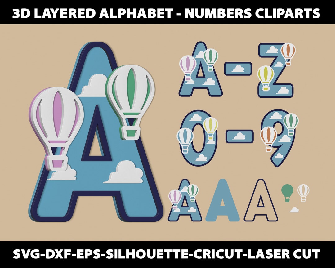 3D Layered Air Baloon Clouds Svg Alphabet Paper Laser Cut Template ...