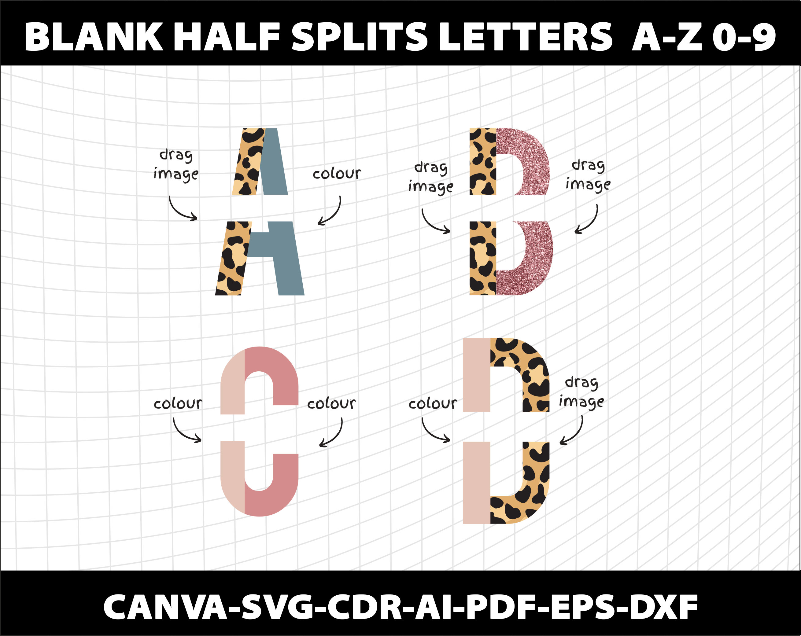 Split Half Letters Alphabet Font Blank Transparent Canva Frame Template ...