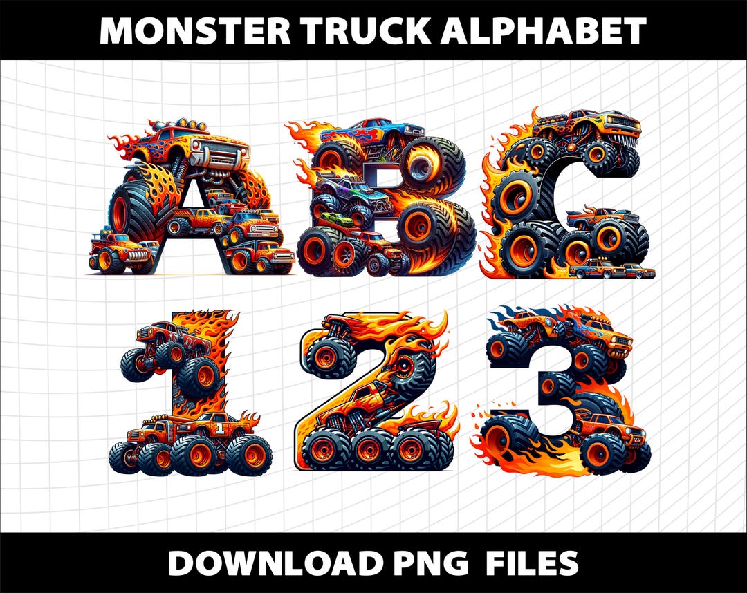 Monster Truck Letters Alphabet Font Clipart Png Template Bundle Design ...