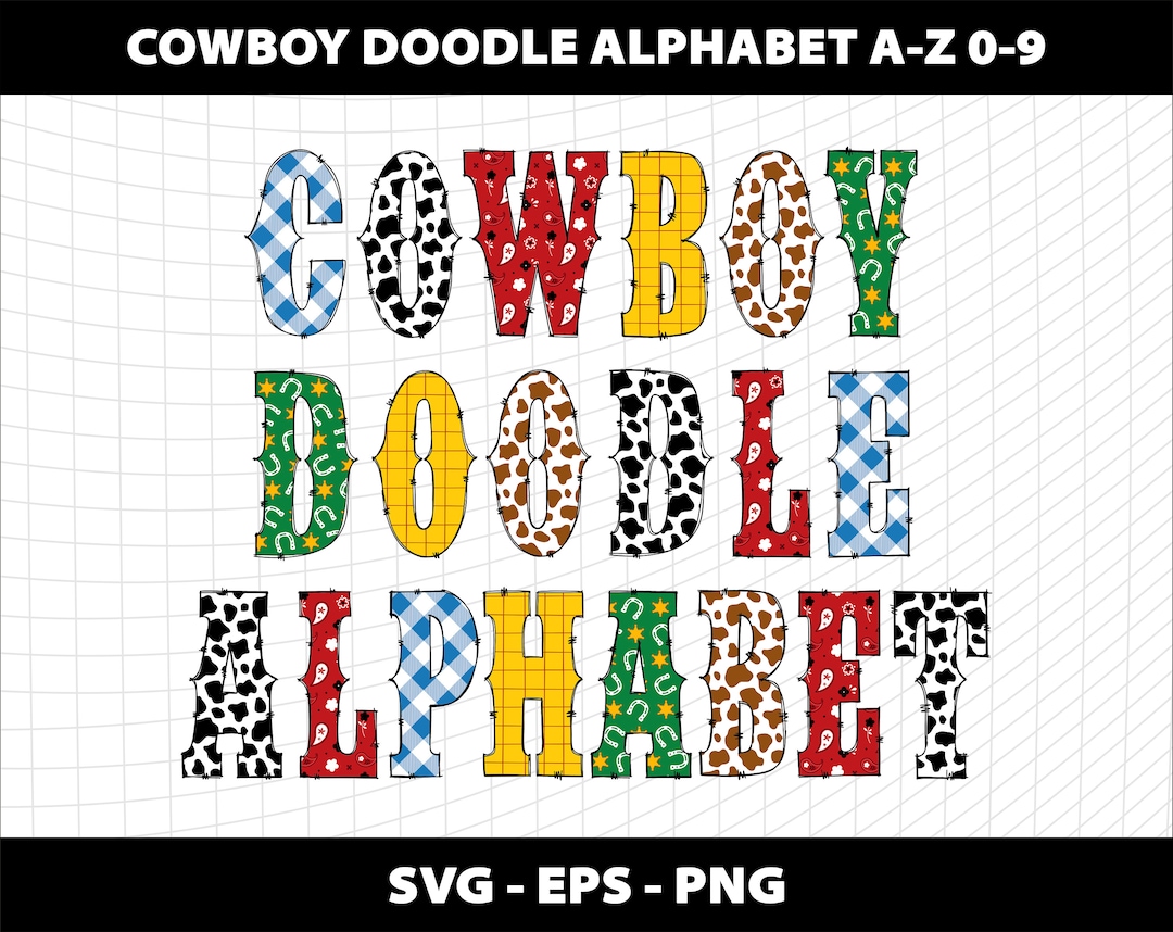 Cowboy Doodle Alphabet Western Alphabet Letters Font Svg Bundle Cowboy ...