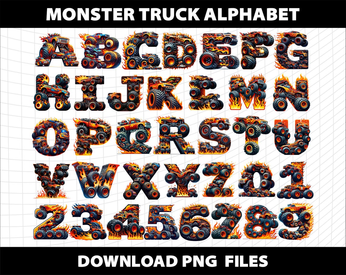 Monster Truck Letters Alphabet Font Clipart Png Template Bundle Design ...