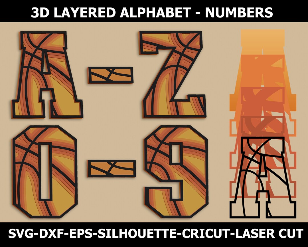 Basketball 3D Layered Svg Alphabet Letters Numbers Font Silhouette ...