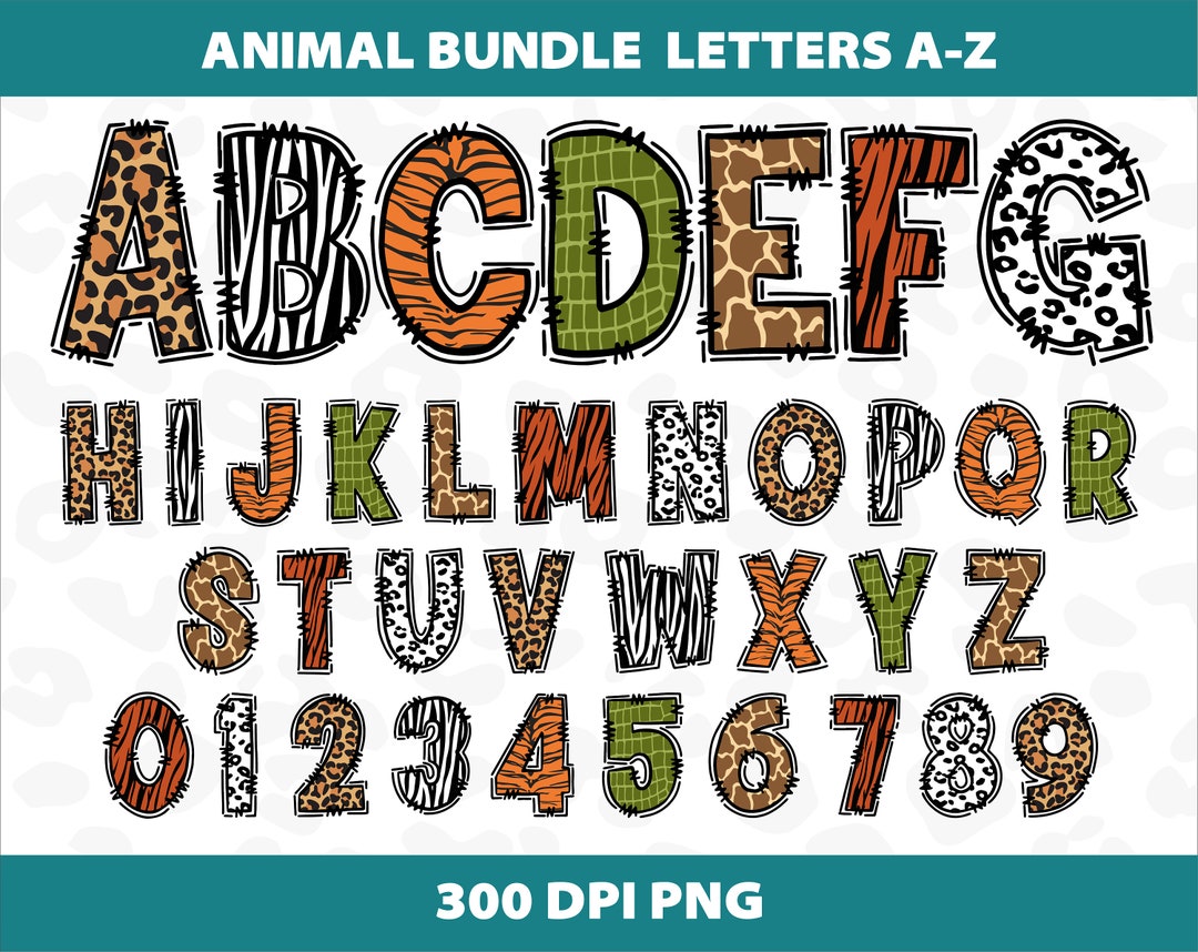 Animal Doodle Bundle Font Sublimation Safari Letters Alphabet Leopard Design Font Template ...