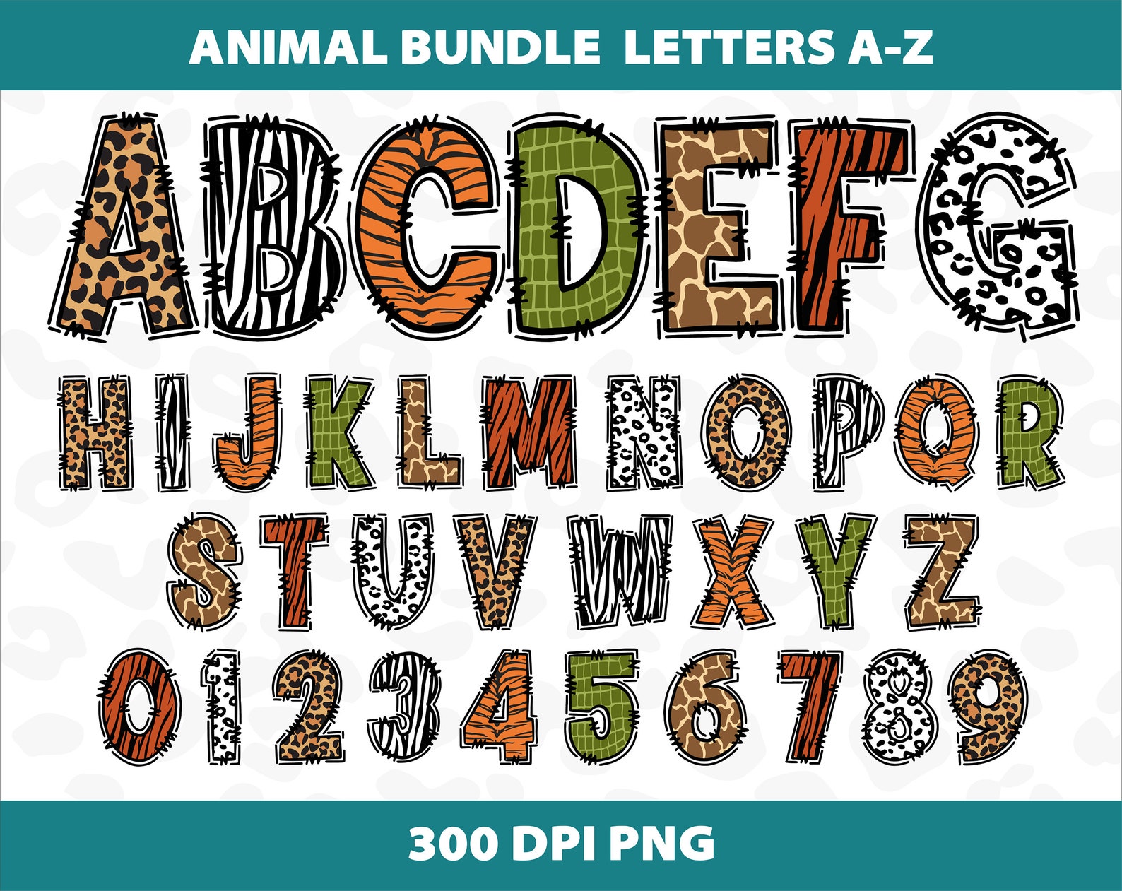 Animal Safari Font Alfabeto Letras Sublimación Doodle Diseño - Etsy España