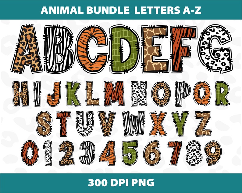 Animal Safari Font Alphabet Letters and Cliparts Sublimation Doodle ...