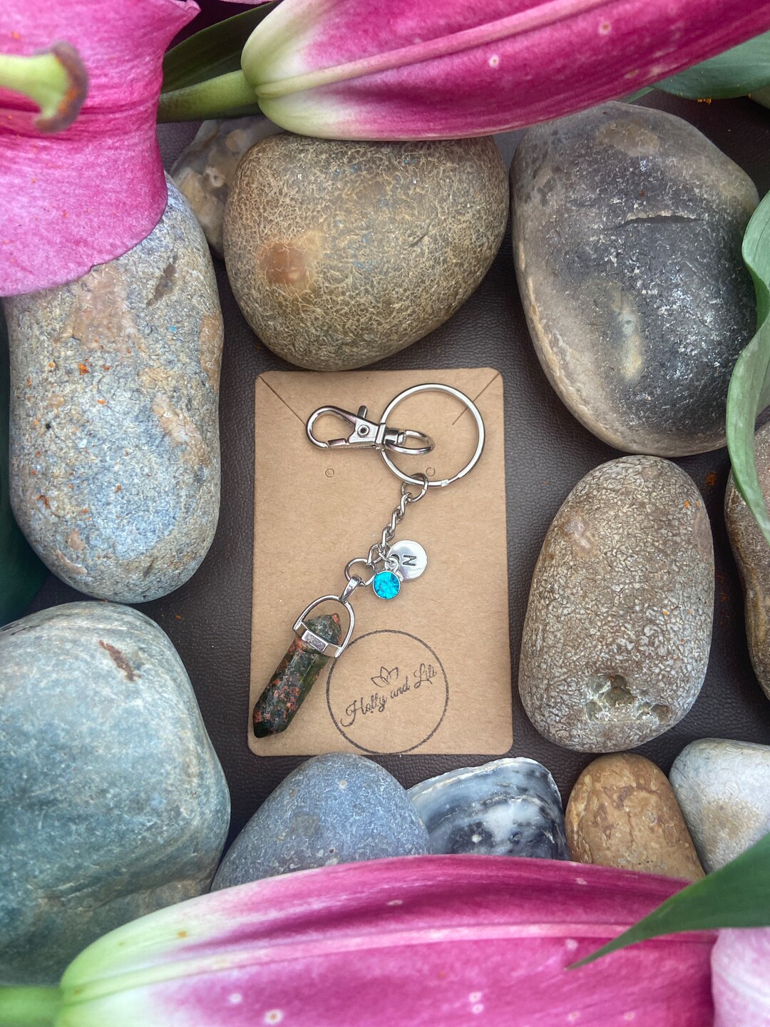 Unakite Hexagon Crystal Keyring, Alphabet Initial, Unakite Gemstone ...