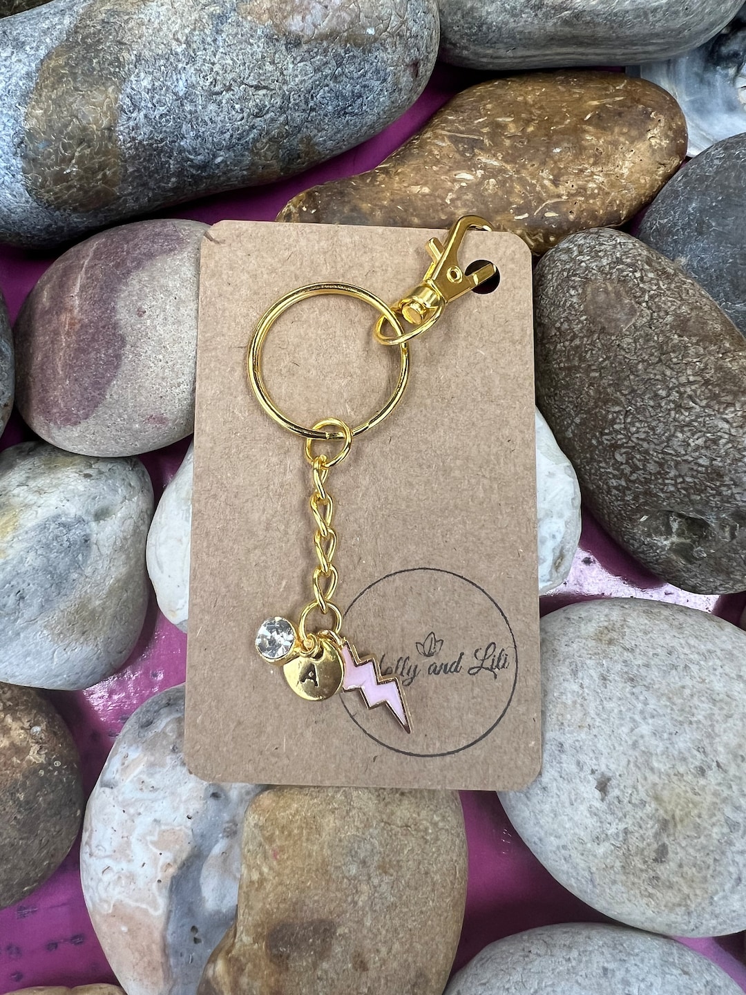 Pink Lightning Bolt Keychain: Personalized Initial, Birthstone Charm - Etsy