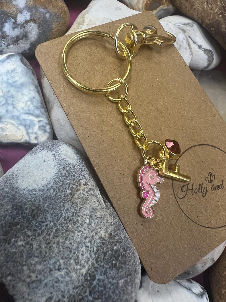 Seahorse Keychain, Initial & Birthstone Charm, Personalized Keyring ...
