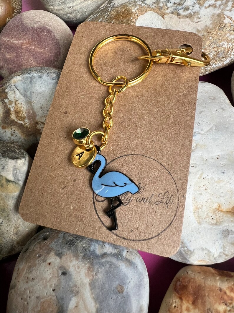 Flamingo Keychain: Personalized Initial, Birthstone Charm, Bird Keyring ...
