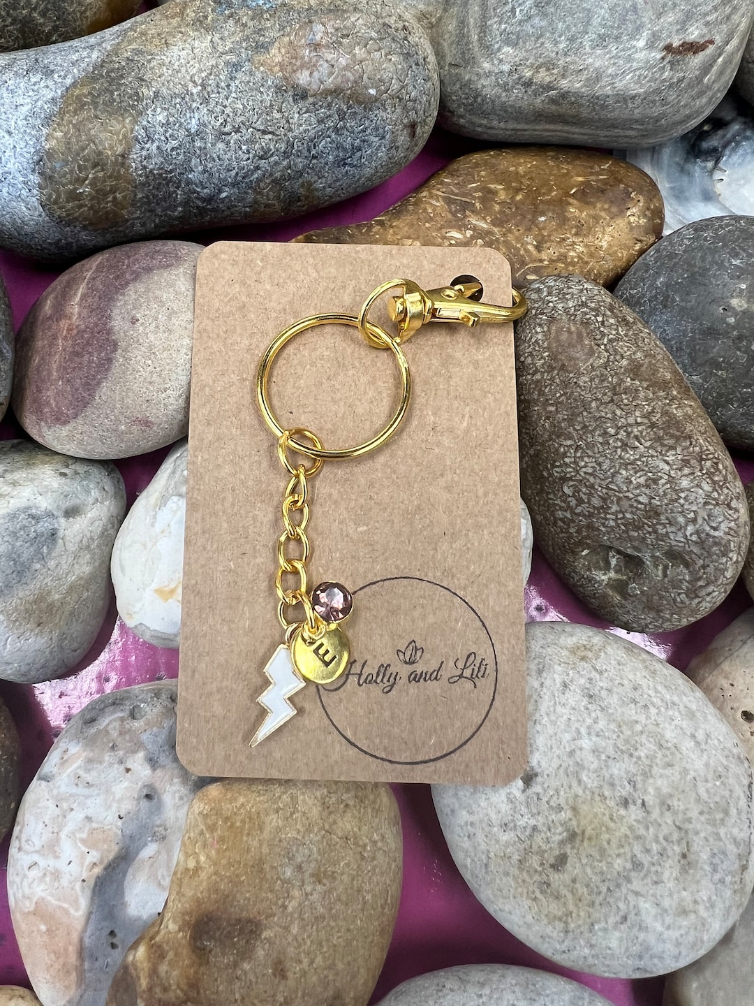 Lightning Bolt Initial Keychain: Personalized Birthstone Charm Keyring ...