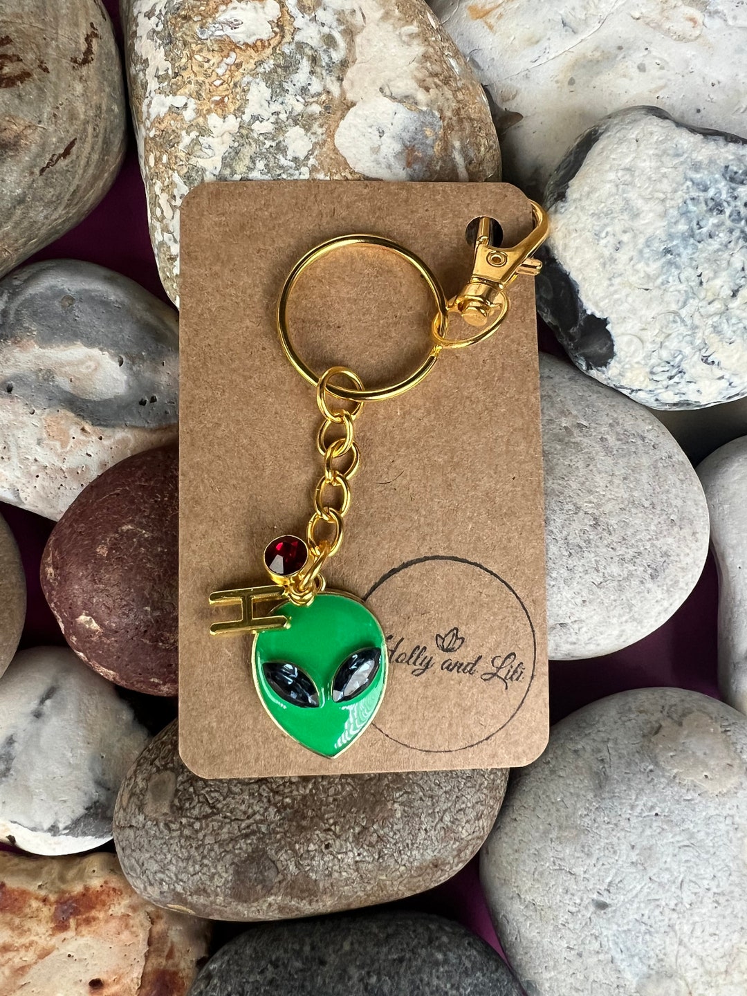Alien Gold Keyring: Personalized Initial & Birthstone Charm - Etsy