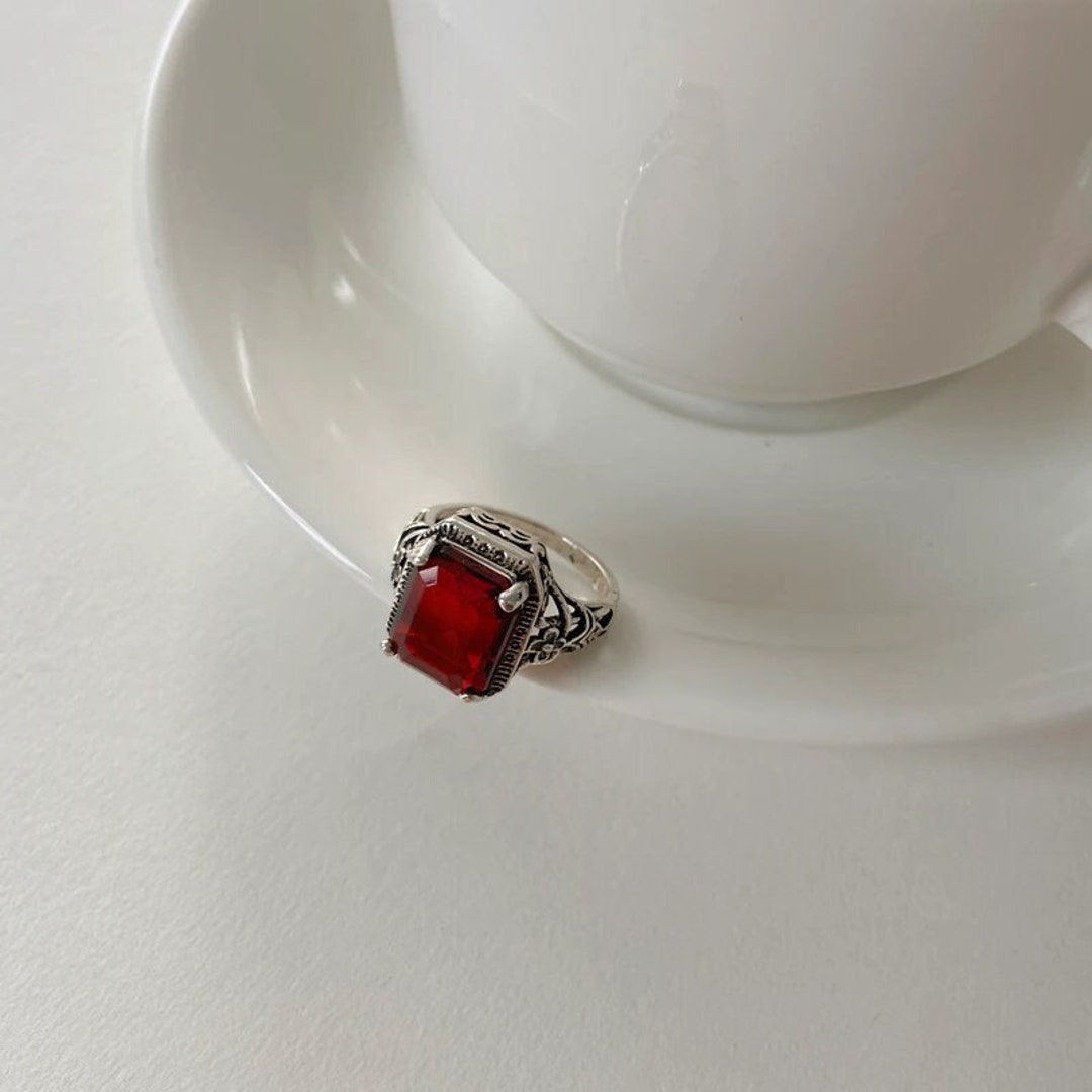 Vintage Square Red Stone Women Rings Simple Minimalist - Etsy