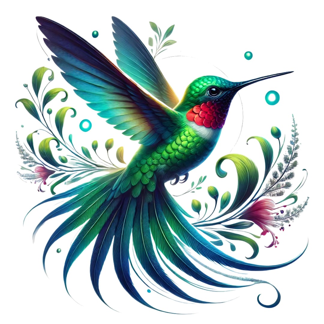 Colibrí en tonos joya PNG / Diseño de sublimación de pájaro floral en ...