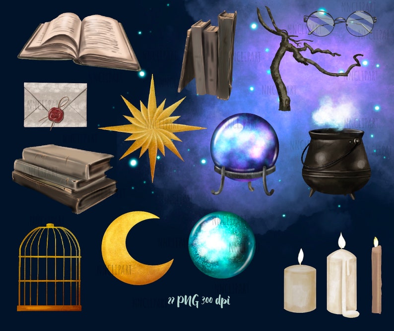 Watercolor Magic Clipart Realistic Owl Witch and Wizard Supplies ...