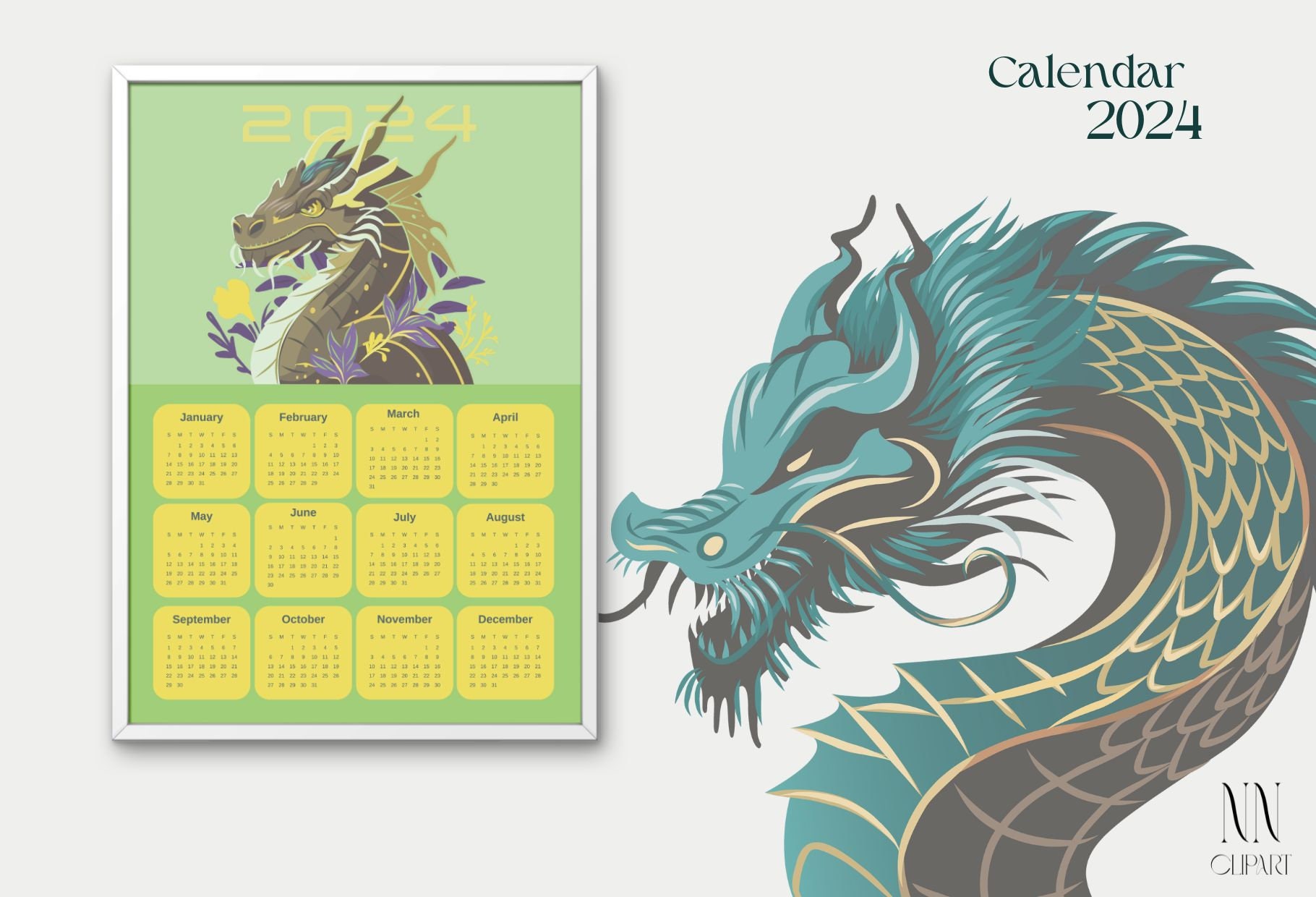 2024 Calendar Poster Year Dragon Printable Wall Art Modern - Etsy