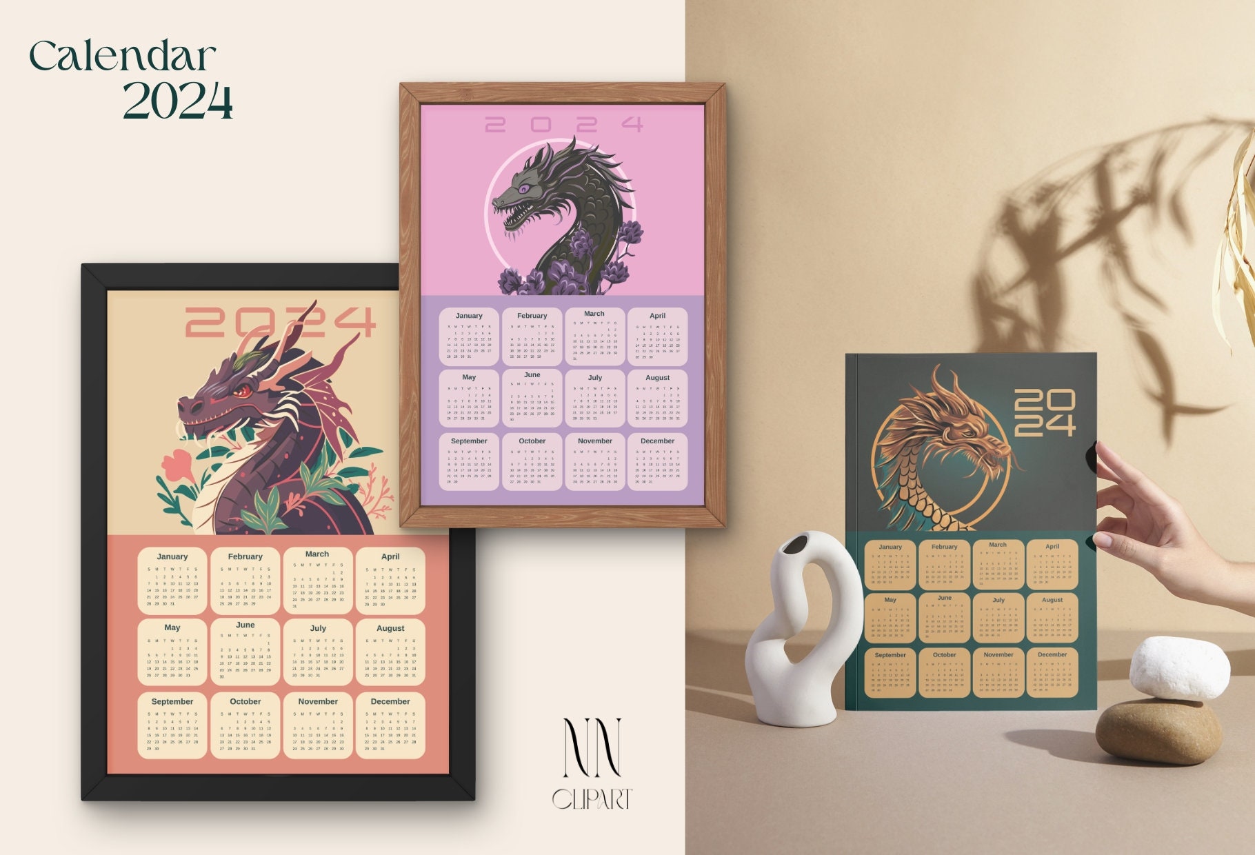2024 Calendar Poster Year Dragon Printable Wall Art Modern - Etsy