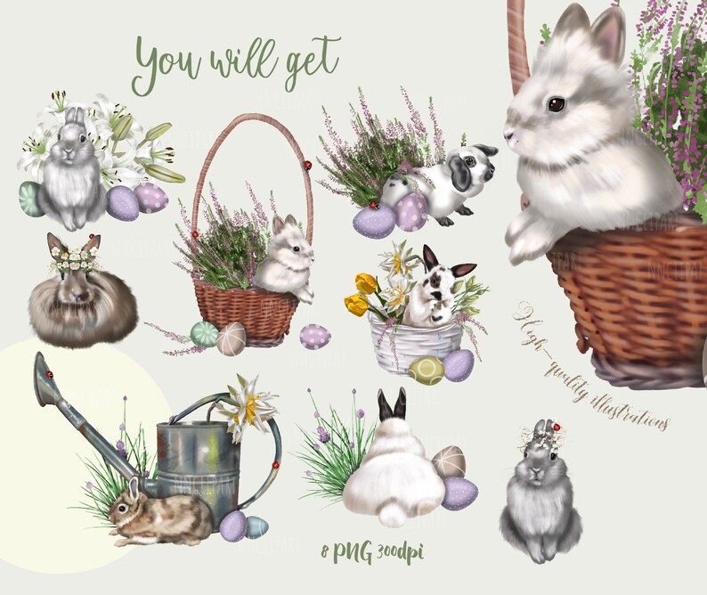 Watercolor Easter Rabbit Clipart Bunny and Eggs Cute Flower Composition ...