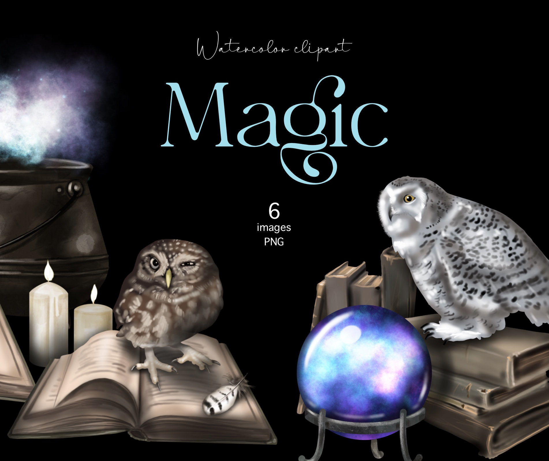 Watercolor Magic Clipart Owl Witch and Wizard Supplies Halloween ...