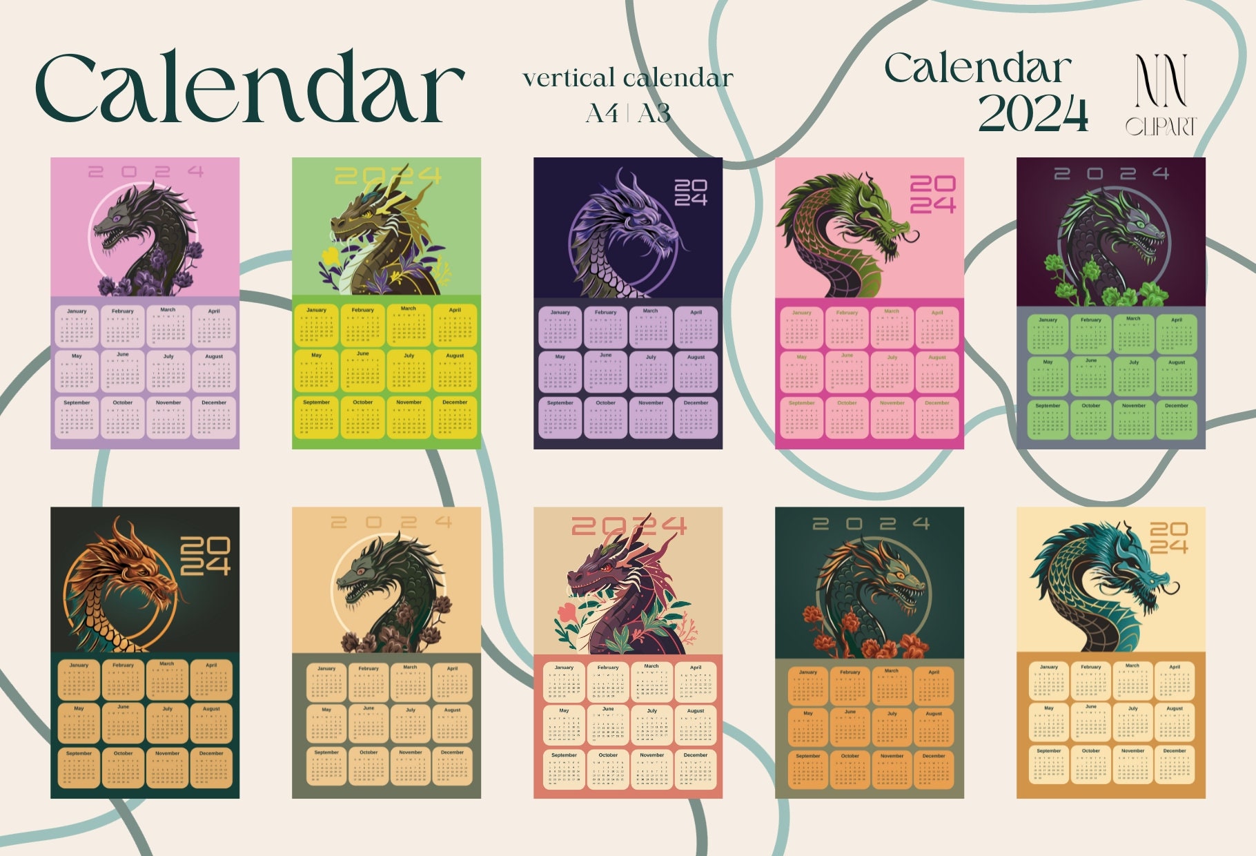 2024 Calendar Poster Year Dragon Printable Wall Art Modern - Etsy