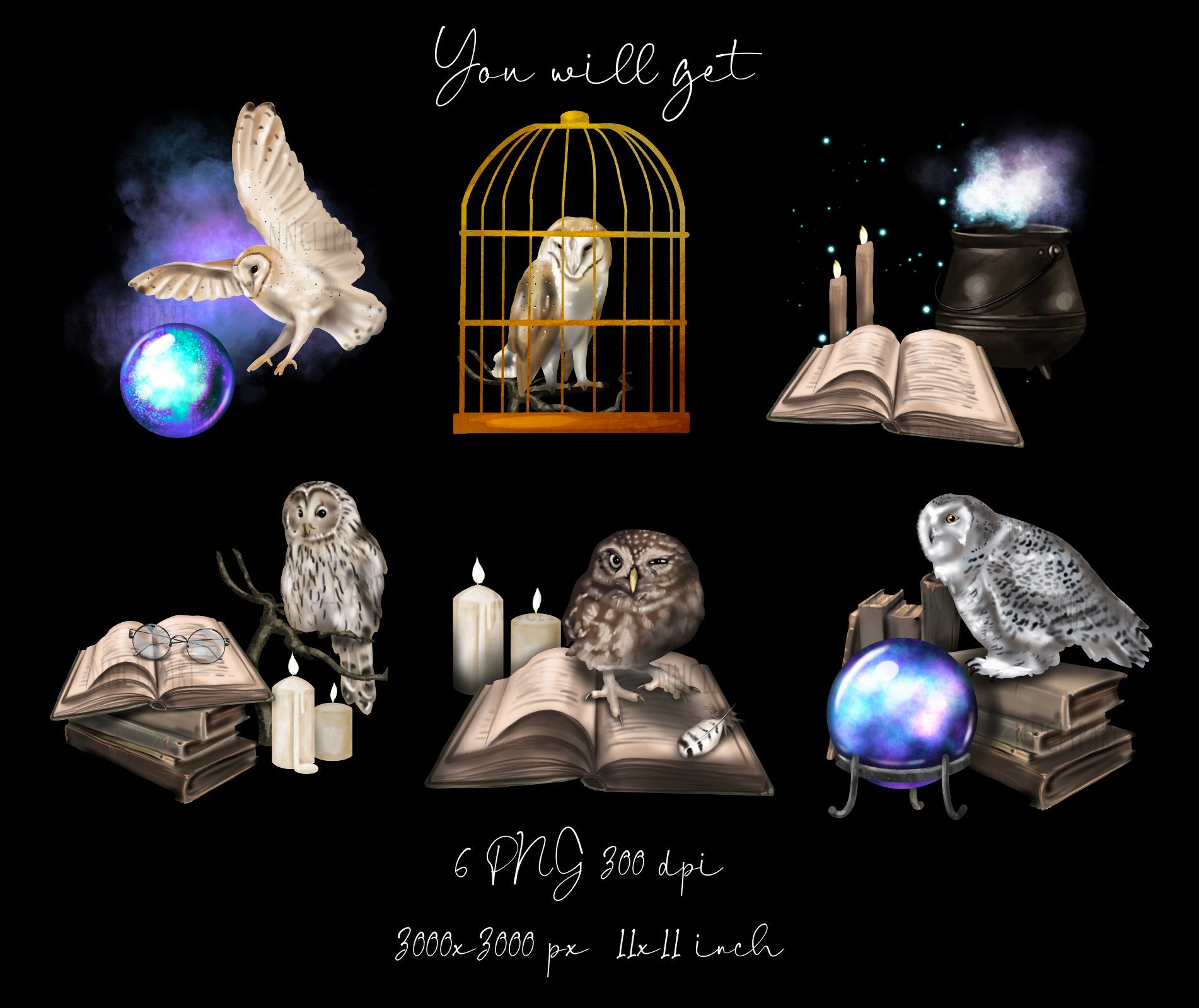 Watercolor Magic Clipart Owl Witch and Wizard Supplies Halloween ...