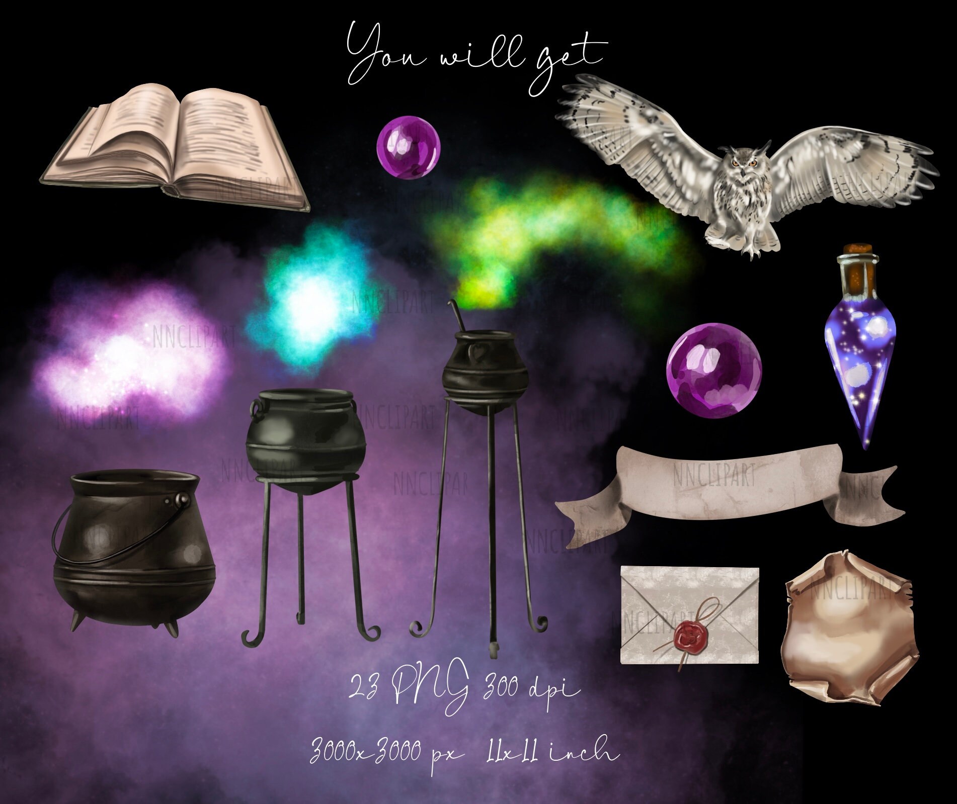 Watercolor Magic Clipart Magic School Witch and Wizard Supplies ...