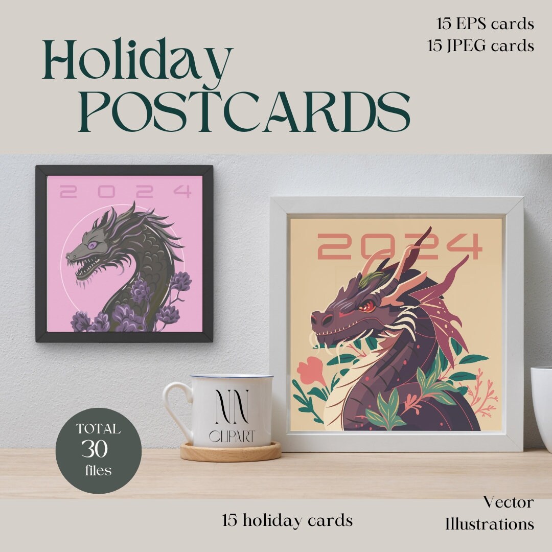 2024 Postcard Year Dragon Printable Wall Art, Modern Chinese Zodiac ...
