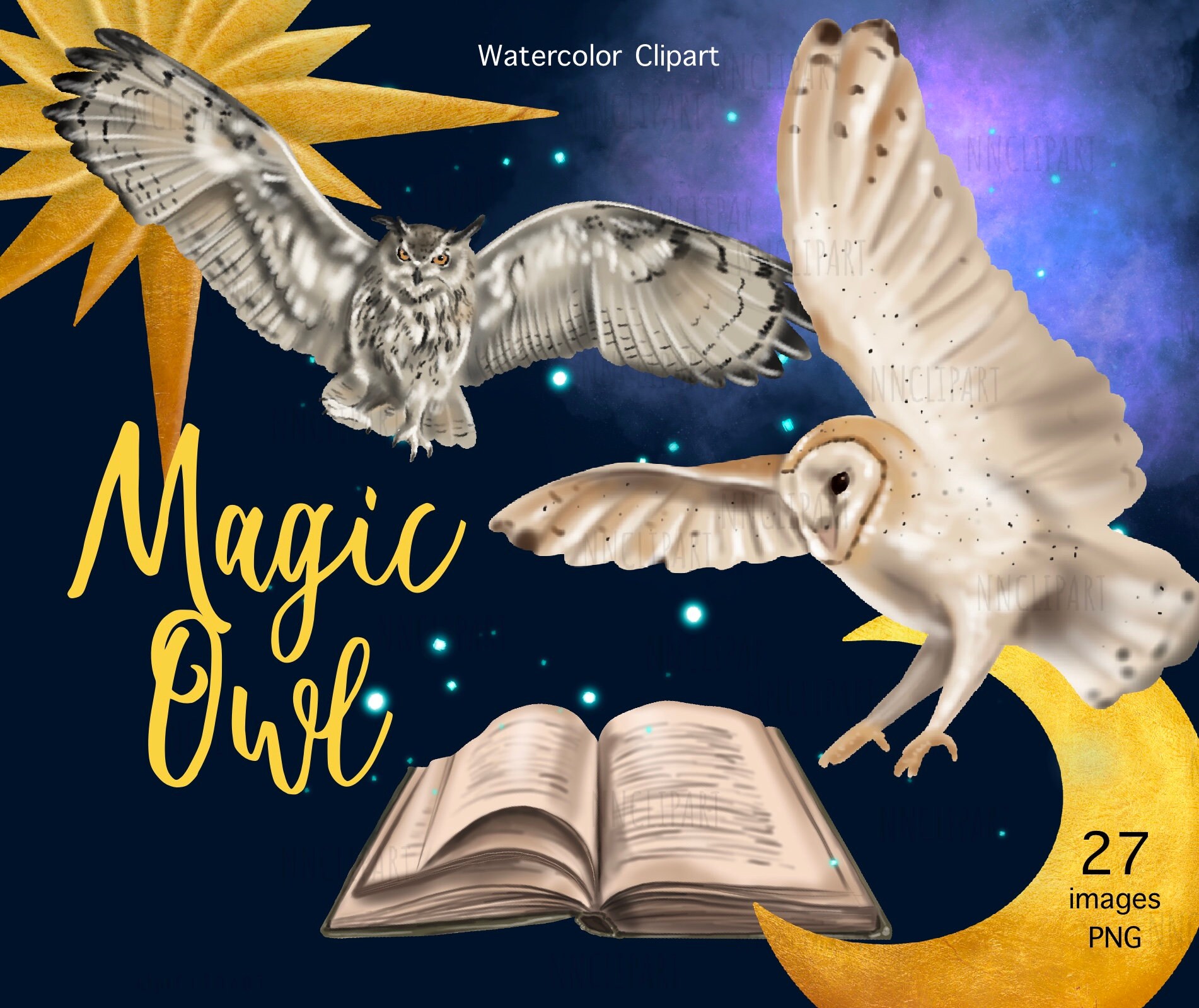 Watercolor Magic Clipart Realistic Owl Witch and Wizard Supplies ...