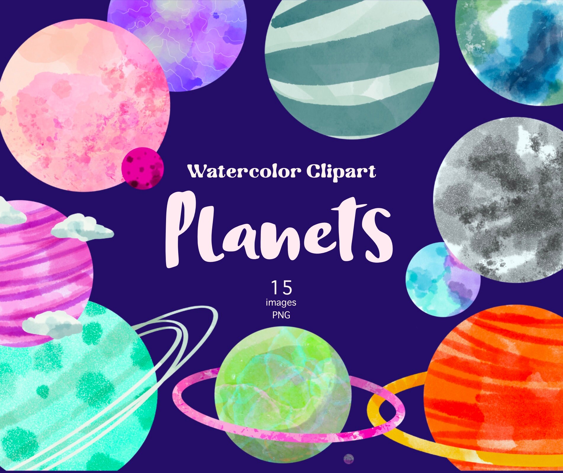 Watercolor Planets Clipart Solar System Download Cosmos - Etsy