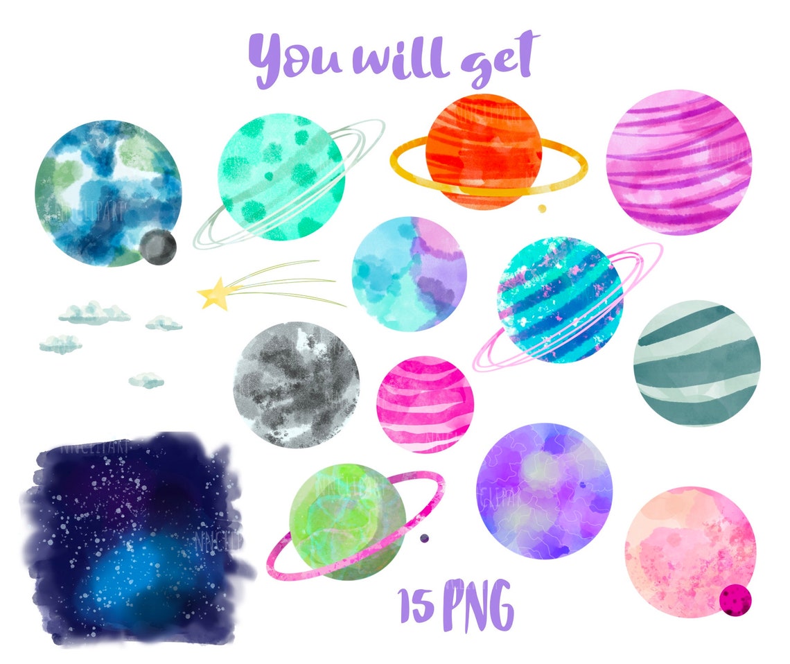 Watercolor Planets Clipart Solar System Download Cosmos - Etsy