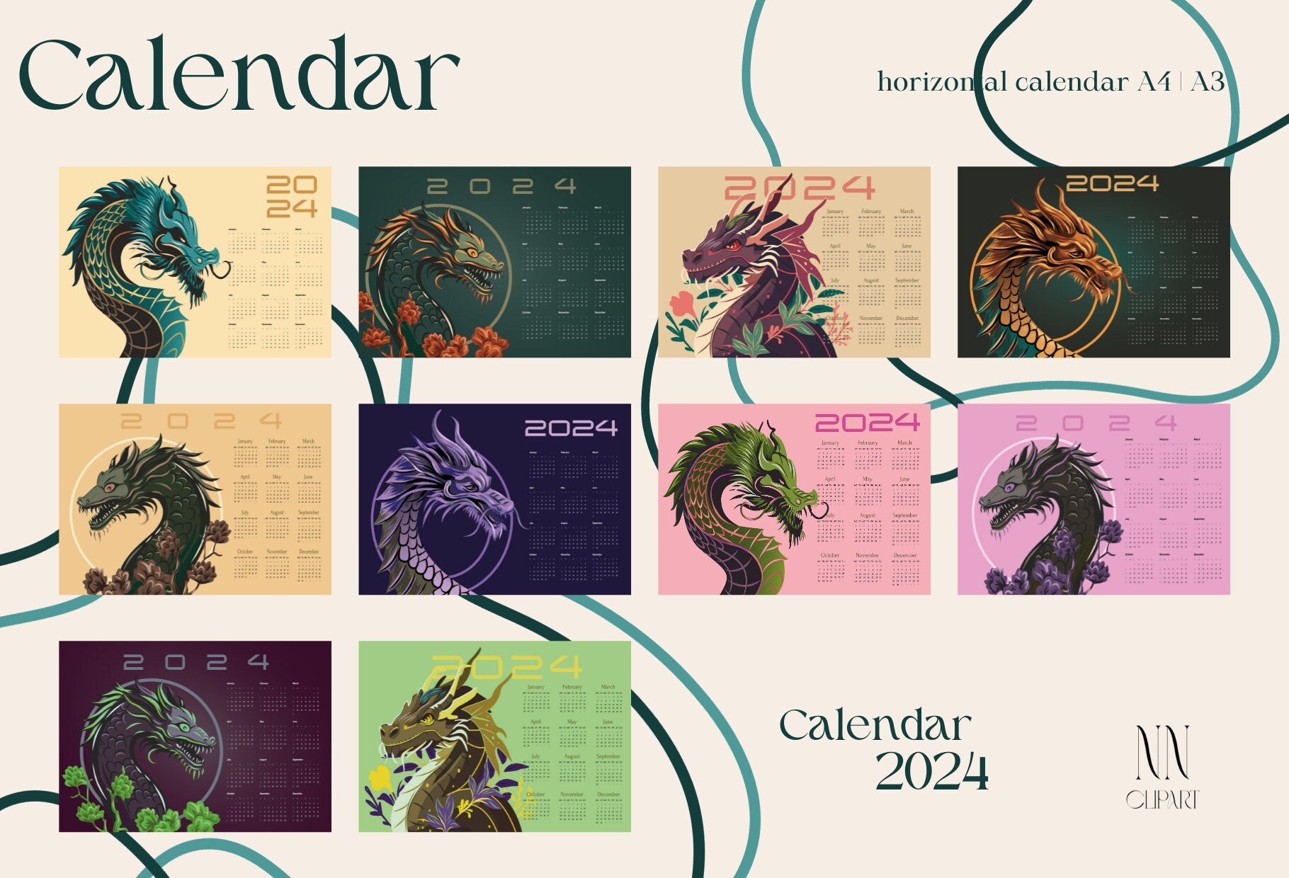 2024 Calendar Poster Year Dragon Printable Wall Art Modern - Etsy