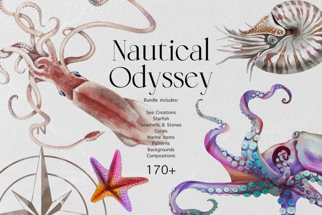 Watercolor Underwater Animals Clipart Nautical PNG Instant Download Sea ...