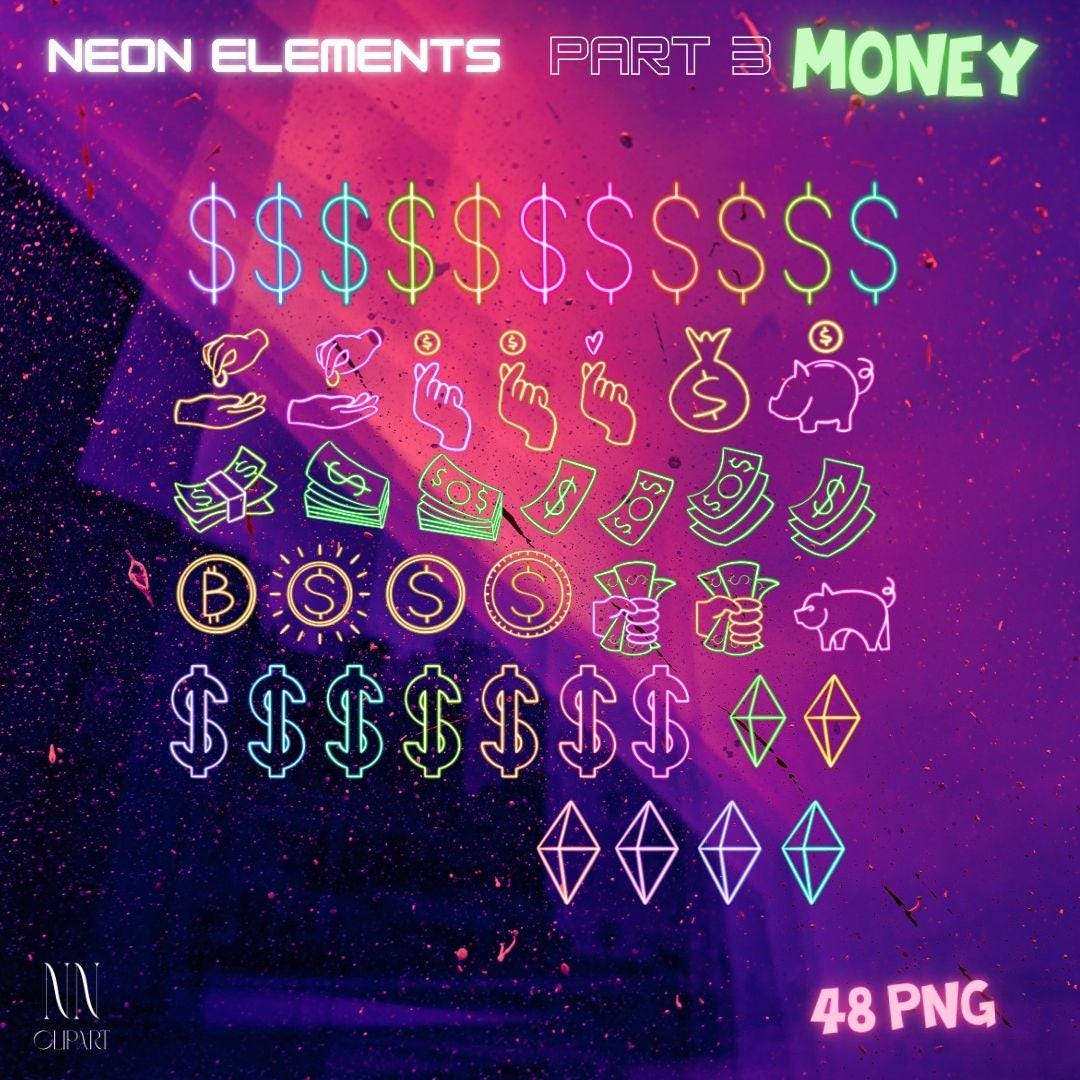 Vibrant Neon Money Clipart and Cryptocurrency Icons - Instant Download ...