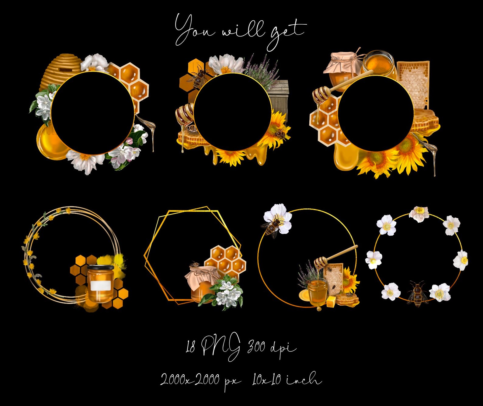 Honey Bee Frames Watercolor Clipart PNG Honey Pot Honey Jar Summer Farm ...