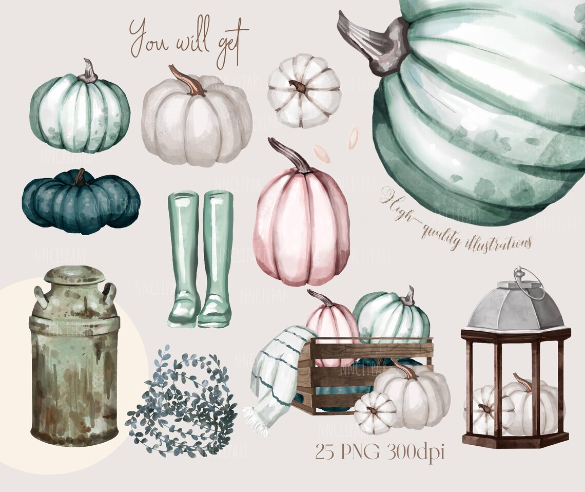 Halloween Watercolor Clip Art Autumn Pumpkins Green and White - Etsy