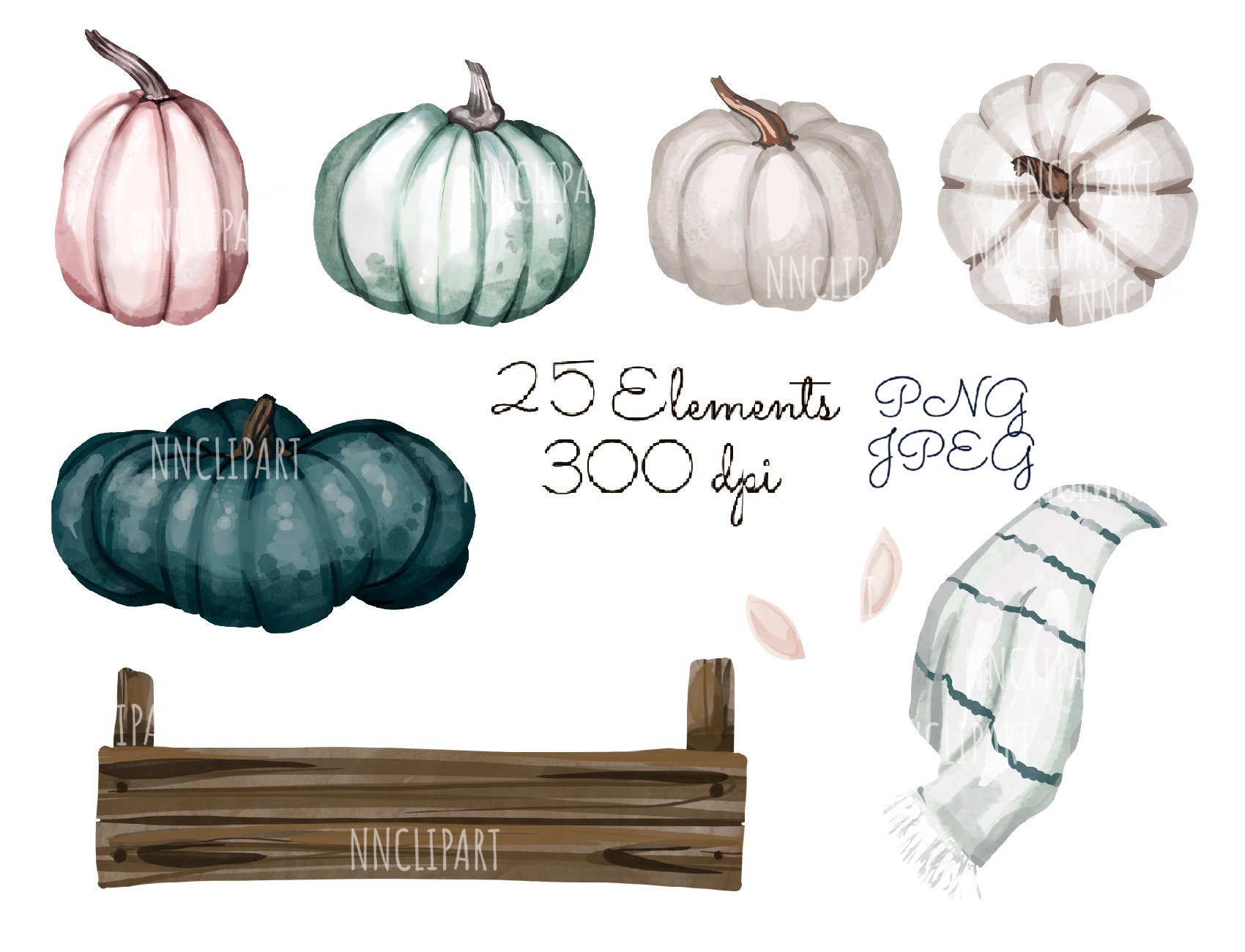 Halloween Watercolor Clip Art. Autumn Pumpkins Green and | Etsy