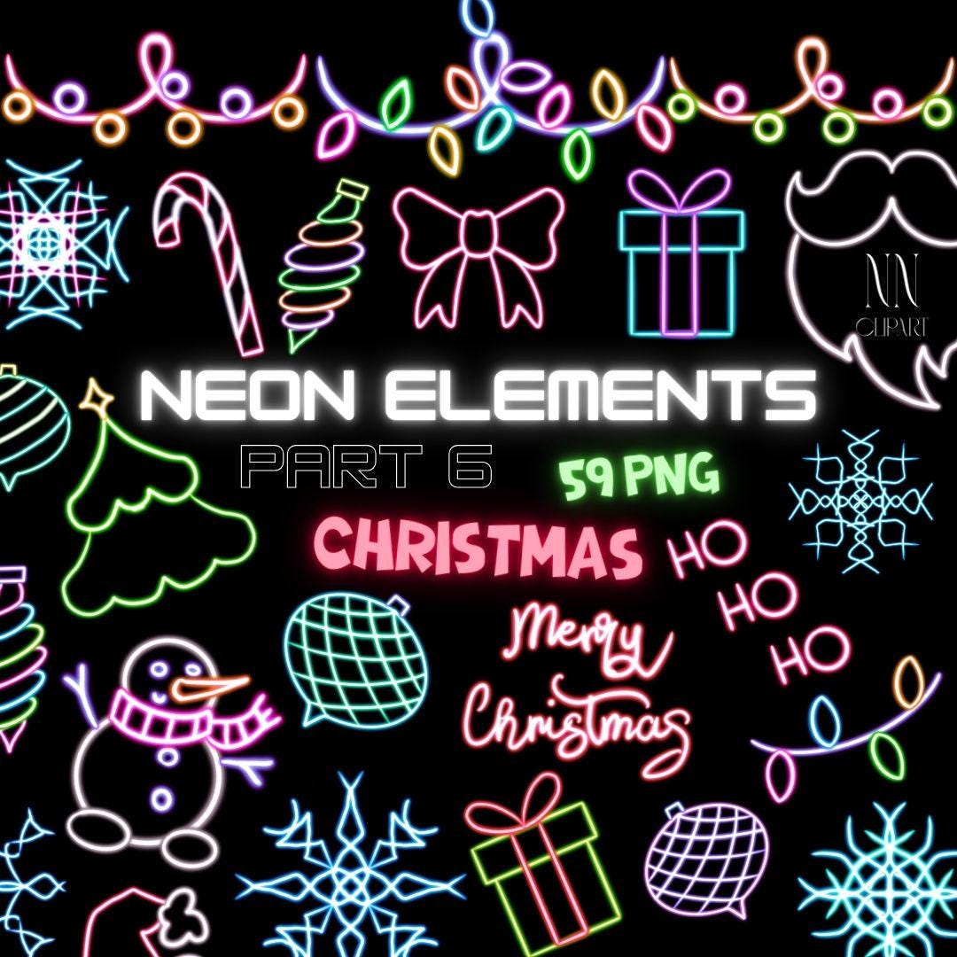 Neon Christmas Clipart Bundle - Snowman, Santa, Trees, Toys, Garlands ...