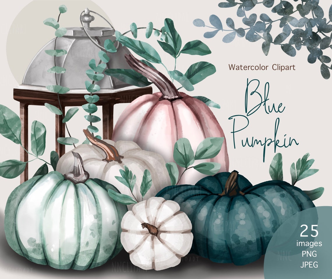 Halloween Watercolor Clip Art Autumn Pumpkins Green and White - Etsy