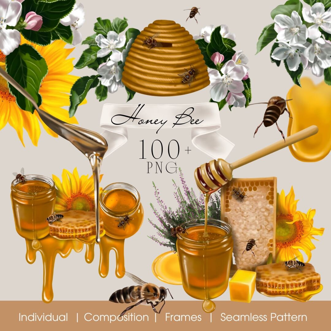 Honey Bee Bundle Watercolor Clipart PNG Honey Pot Honey Jar Summer Farm ...