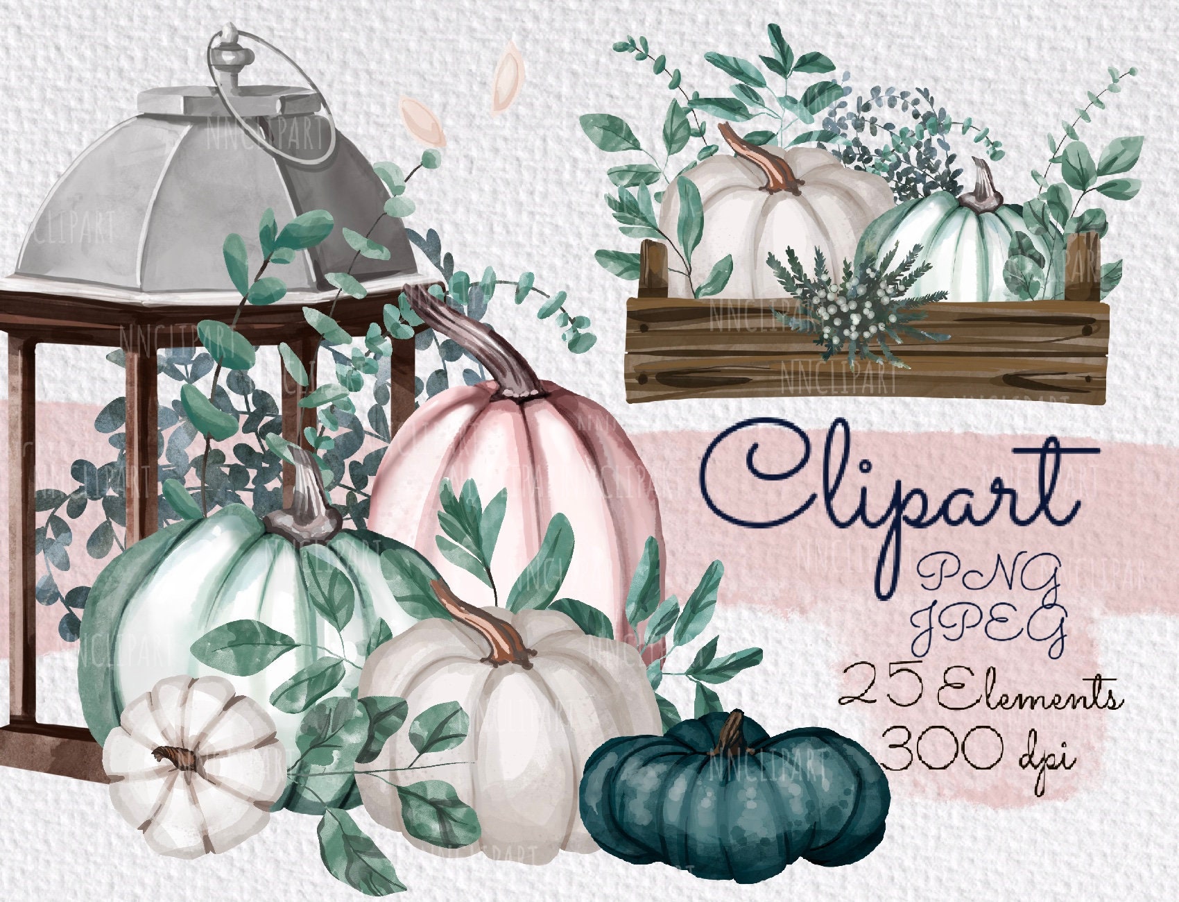 Halloween Watercolor Clip Art. Autumn Pumpkins Green and | Etsy